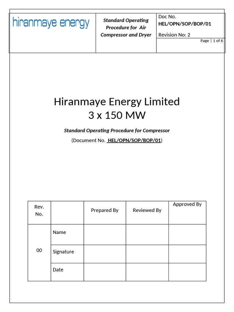 SOP of Air Compressor and Dryer | PDF | Valve | Mechanical Engineering