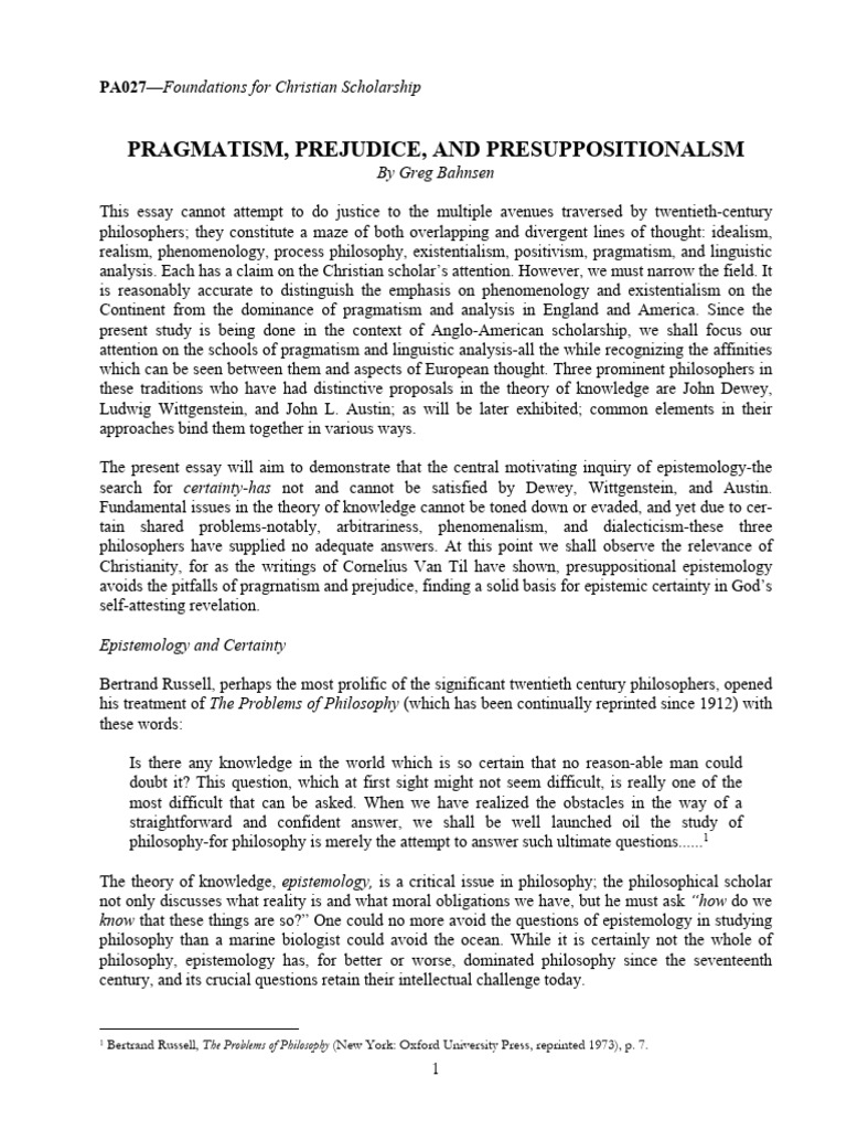 Pragmatism Prejudice Presuppositionalism | PDF | Pragmatism | Epistemology