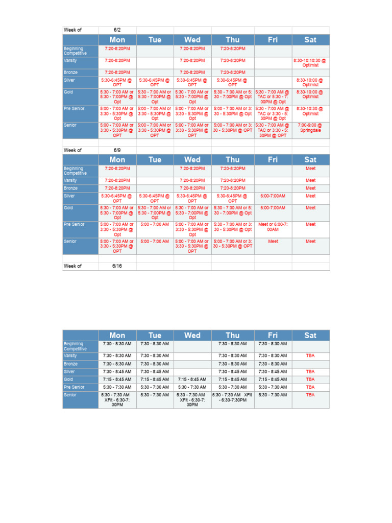 2024-2025 Weekly Practice Schedule | PDF