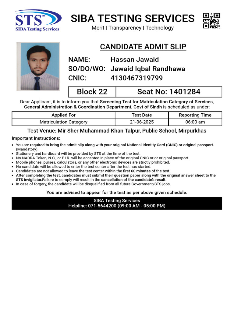 Siba Testing Services: Candidate Admit Slip | PDF
