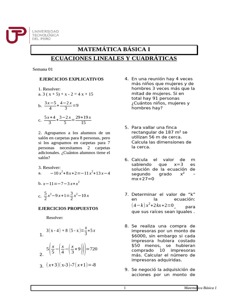 Sem 1 Ses 2 Ecuaciones Lineales y Cuadr+Üticas | PDF | Ecuaciones | Matemáticas