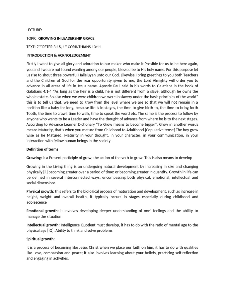 LECTURE Growing in Leadership | PDF | Prayer | Intelligence Quotient