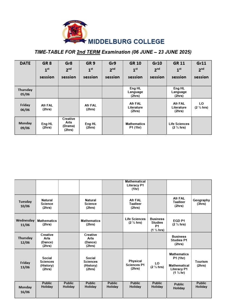 2025 Term 2 Exam Timetable | PDF | Science