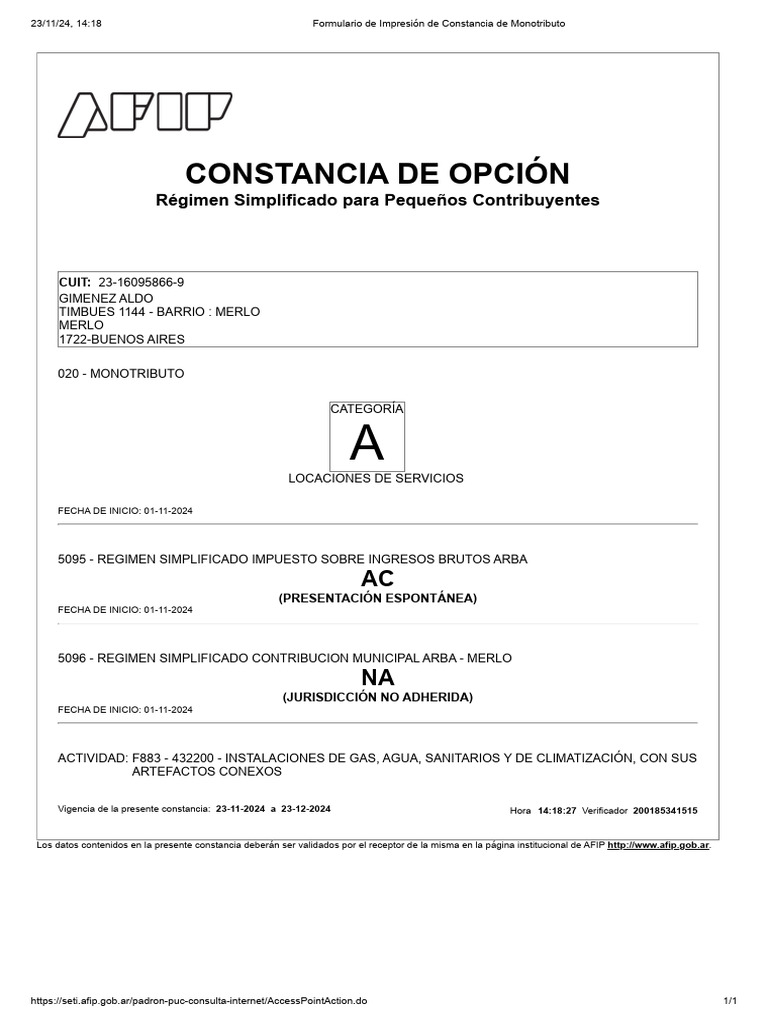 Formulario de Impresión de Constancia de Monotribu - 241125 - 150311 | PDF