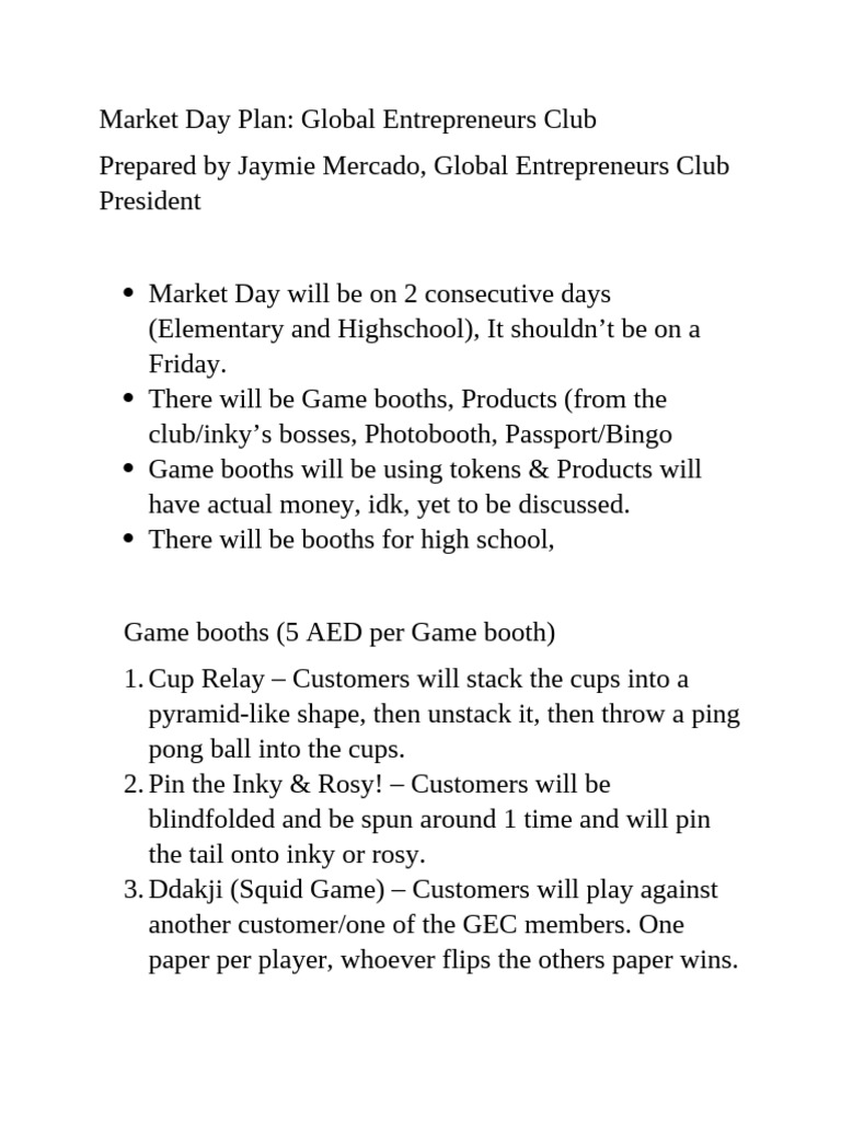 Market Day Plan | PDF