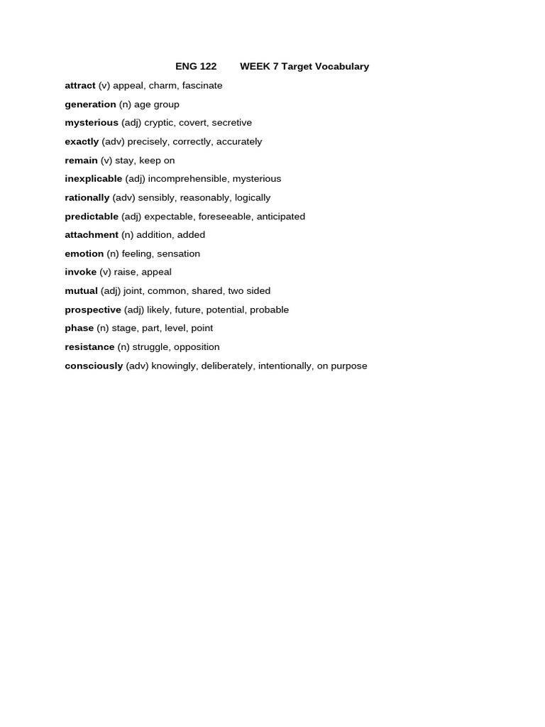 Week 7 Target Vocabulary List | PDF
