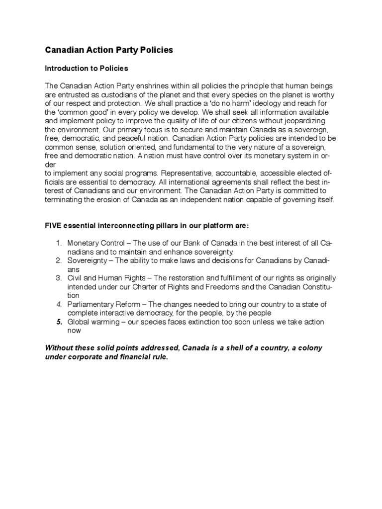 Canadian Action Party Policies | PDF | Taxes | Bank Of Canada