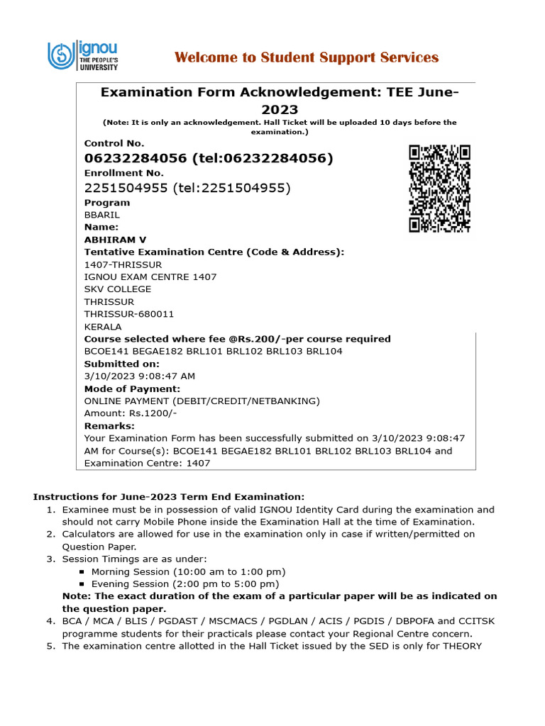 IGNOU - Examination Form Acknowledgement | PDF | Banking Technology ...