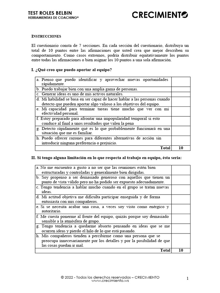 Test Roles Belbin | PDF | Pensamiento | Sicología