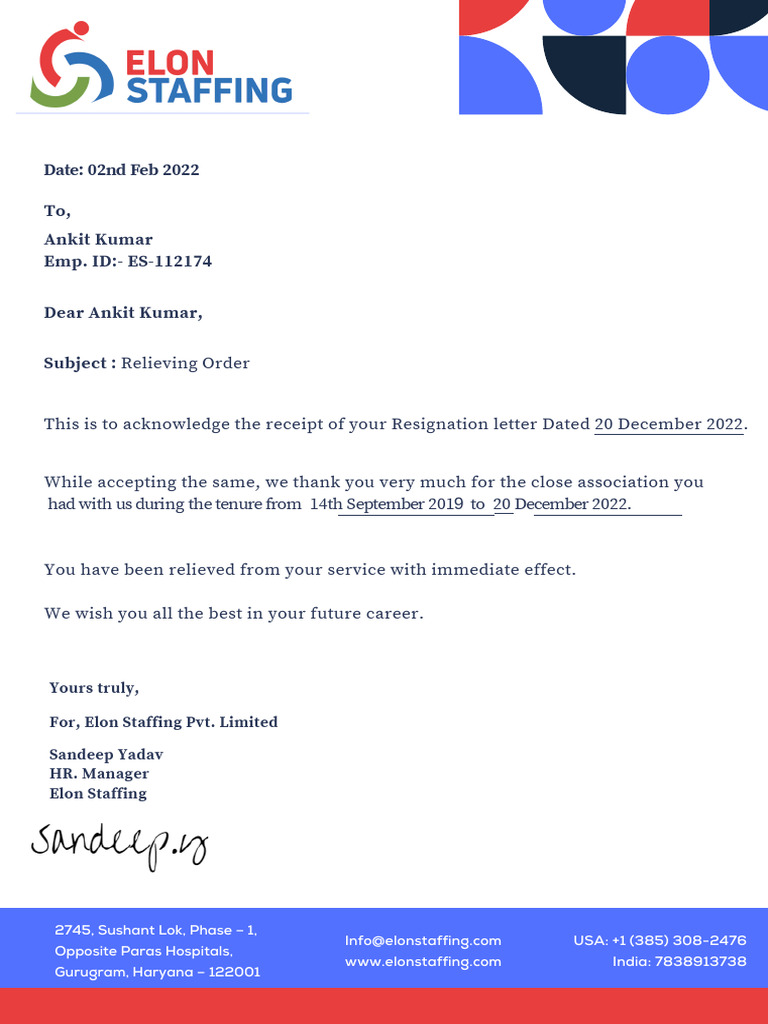 Ankit Kumar Relieving Letter | PDF