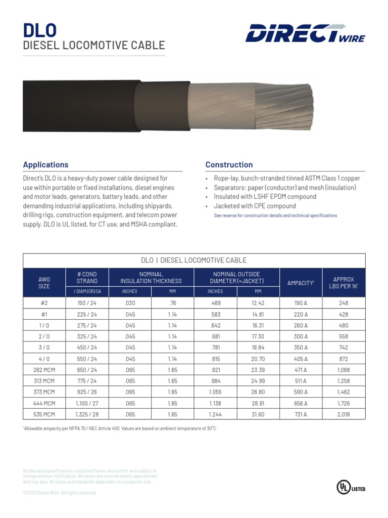 DIRECT DLO Diesel Locomotive Cable Spec Sheet R11 20 | PDF | Insulator ...