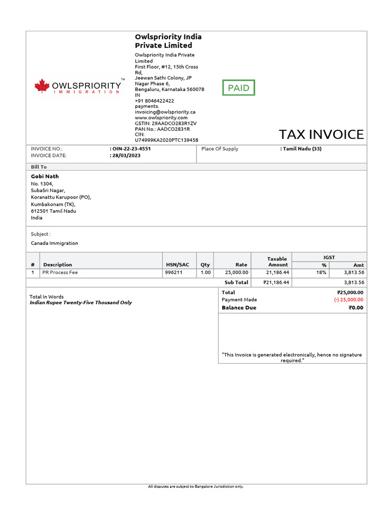 Payment Invoice-PR Process Fee-Gobi Nath-2 | PDF | Taxation ...