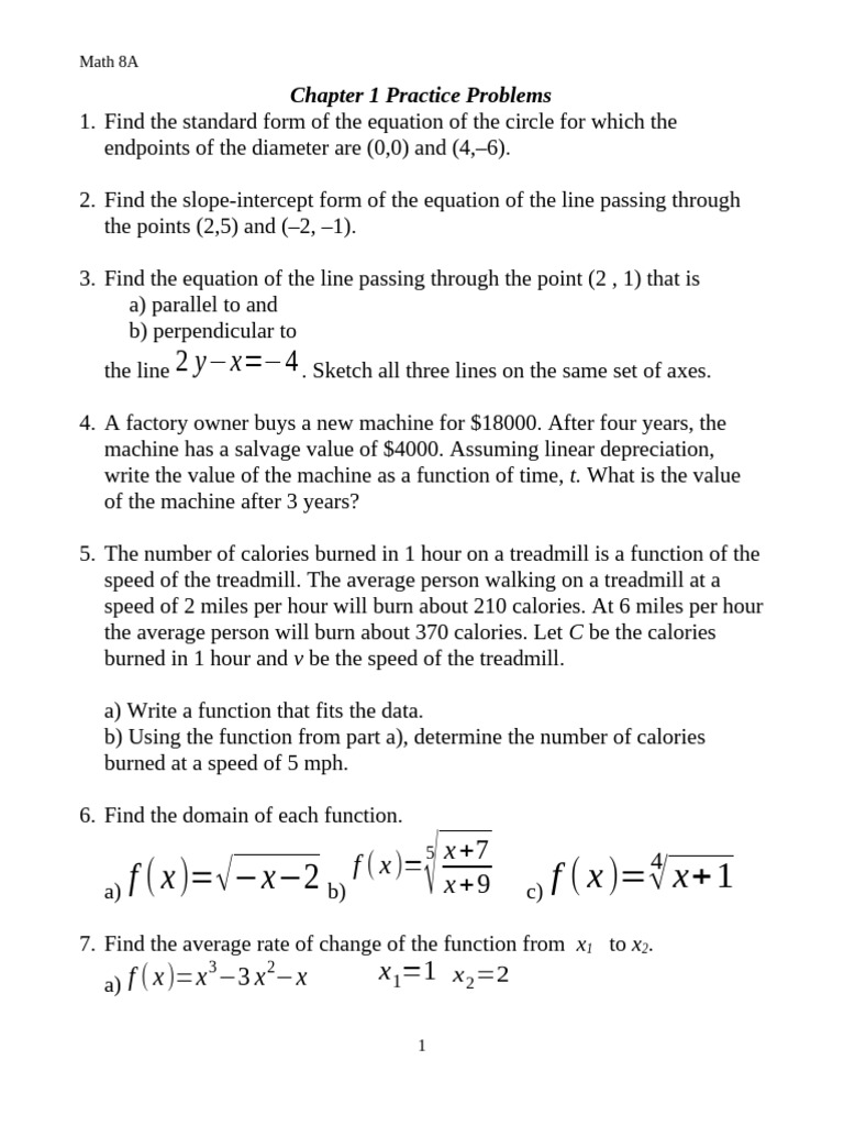 Math 8A Chapter 1 Practice Problems | PDF | Function (Mathematics ...