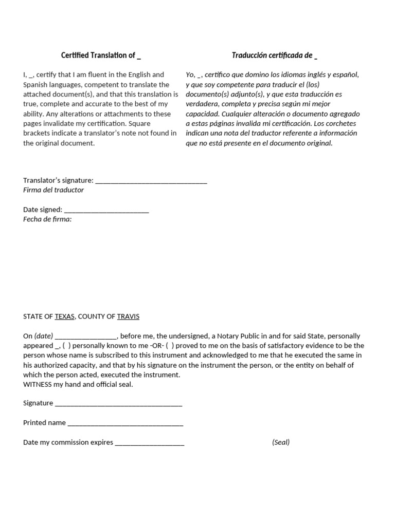 Blank Certified Translation Format | PDF