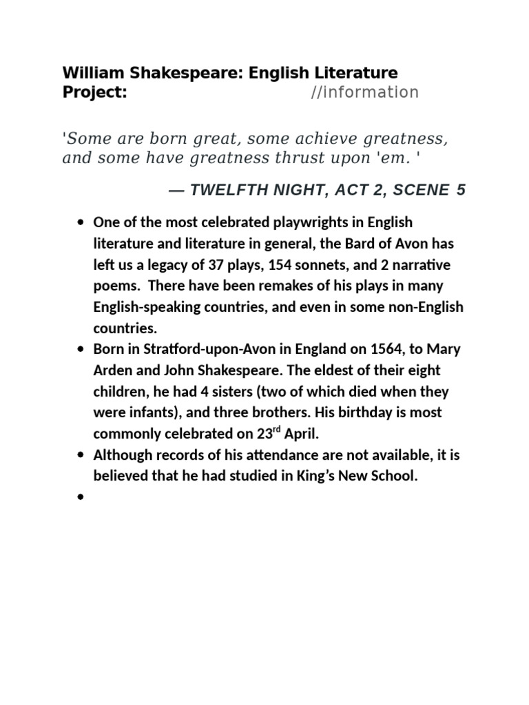 William Shakespeare ENGLISH LITERATURE | PDF