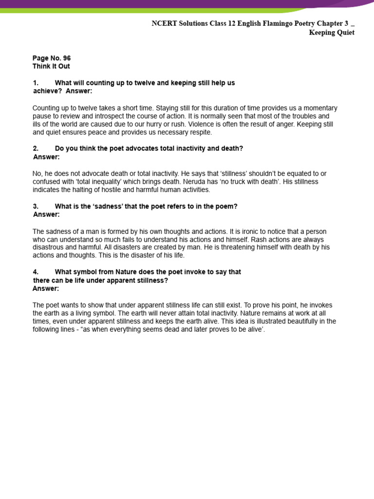 NCERT Solutions Class 12 English Flamingo Keeping Quiet | PDF