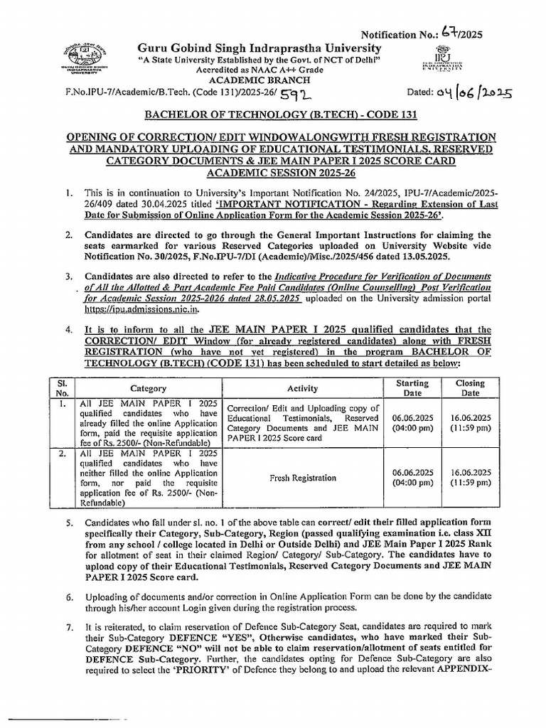 Ipu - Correction Window Notice - Btech | PDF