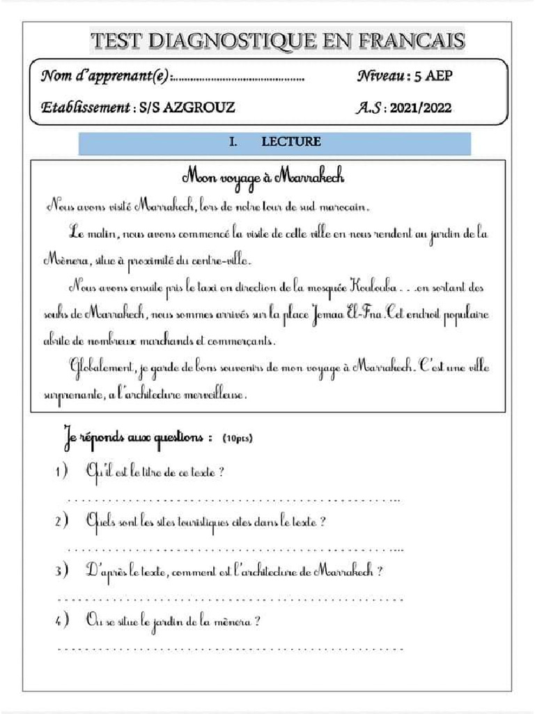 Test Dévaluation Diagnostique en Français Niveau 5 AEP 2022 | PDF