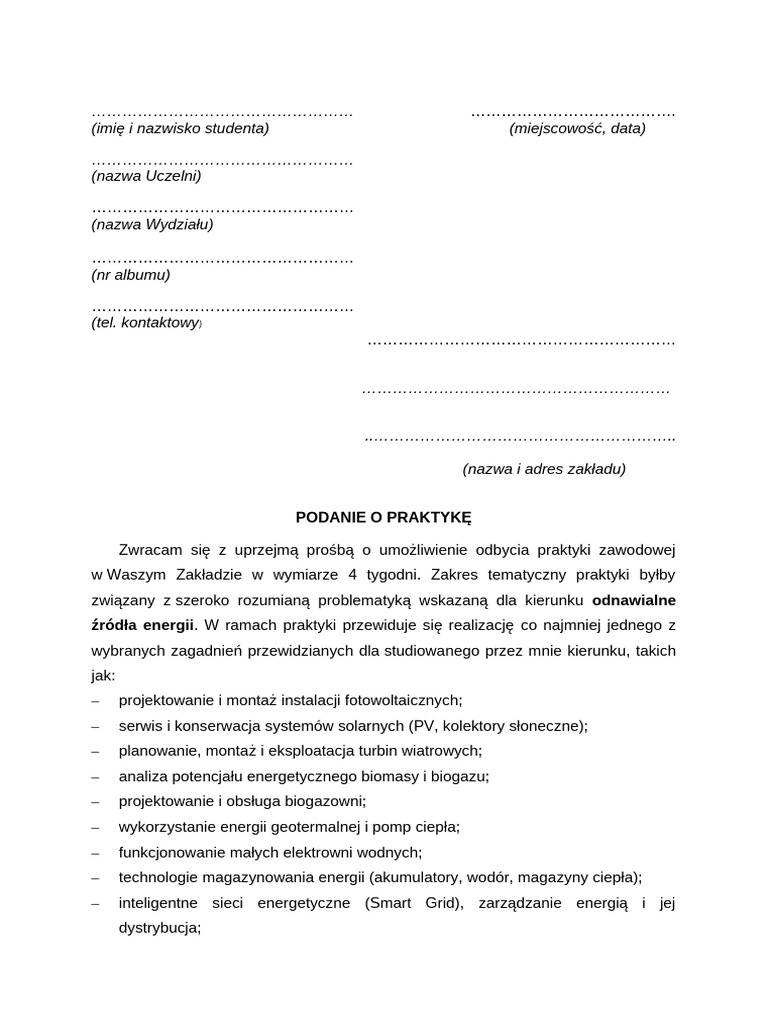 Druk 5 Podanie o Praktyke Oze | PDF