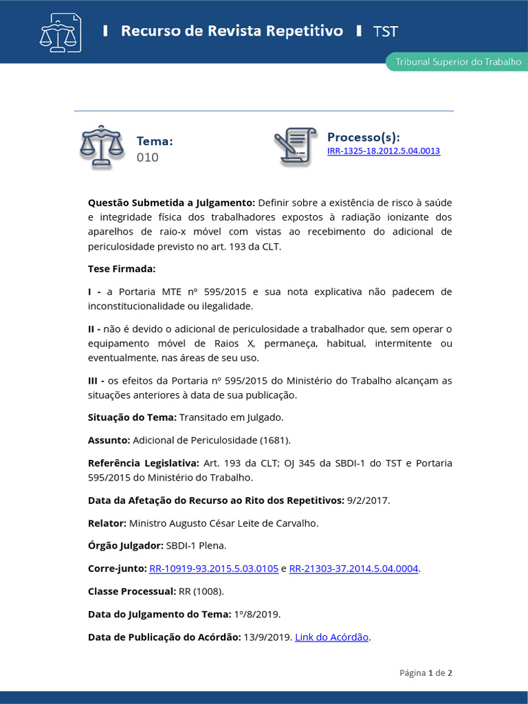 Tema 10 - Adicional de Periculosidade Para Não Operadores de Raio X - Indevido | PDF