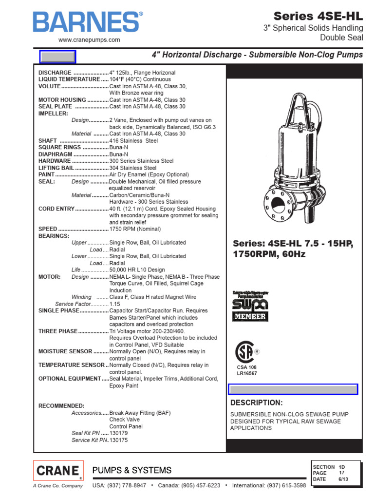 Barnes Submersible Solids Handling Sewage Pump Non Clog Series 4SE HL 3 Inch Solids 7.5 15 HP ...