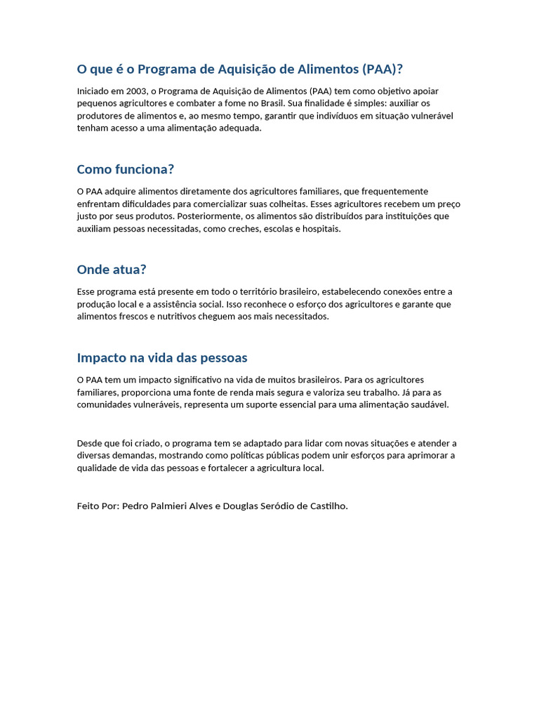 Trabalho Programa de AquisiÃ Ã o de Alimentos Douglas e Pedro Palmieri ...