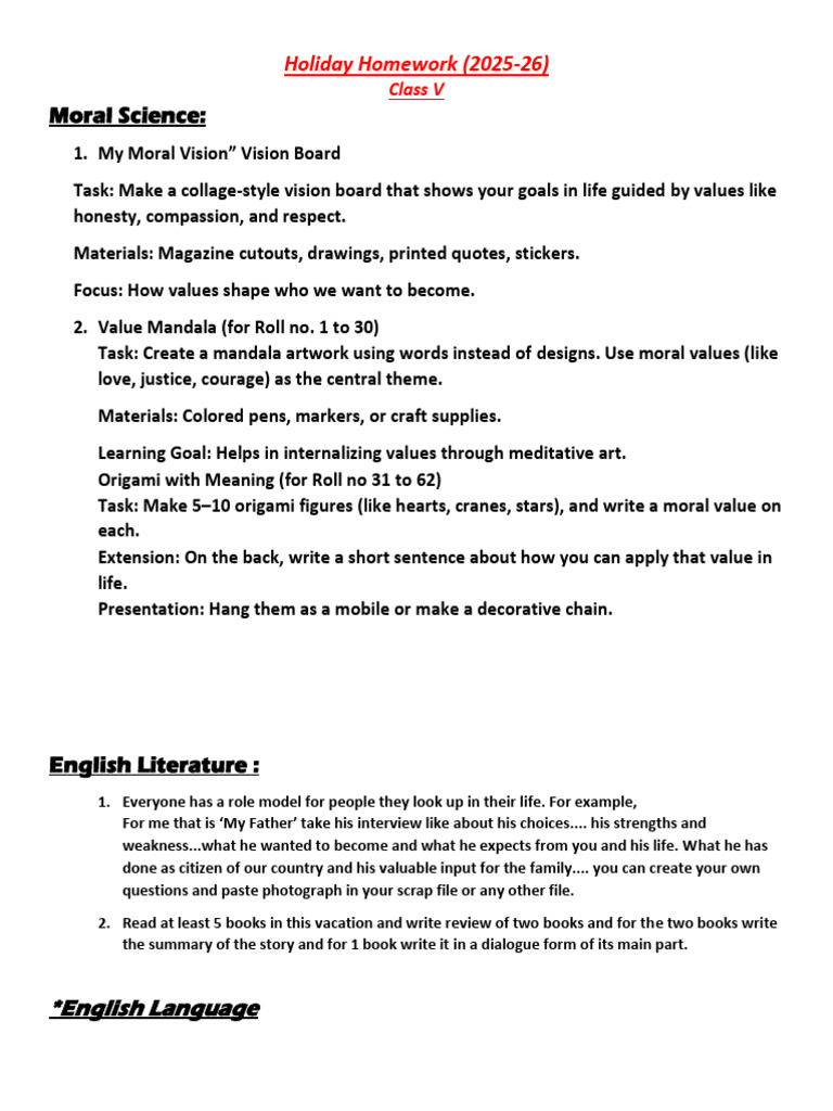 Holiday - Homework - 2025-26 - Class V) | PDF