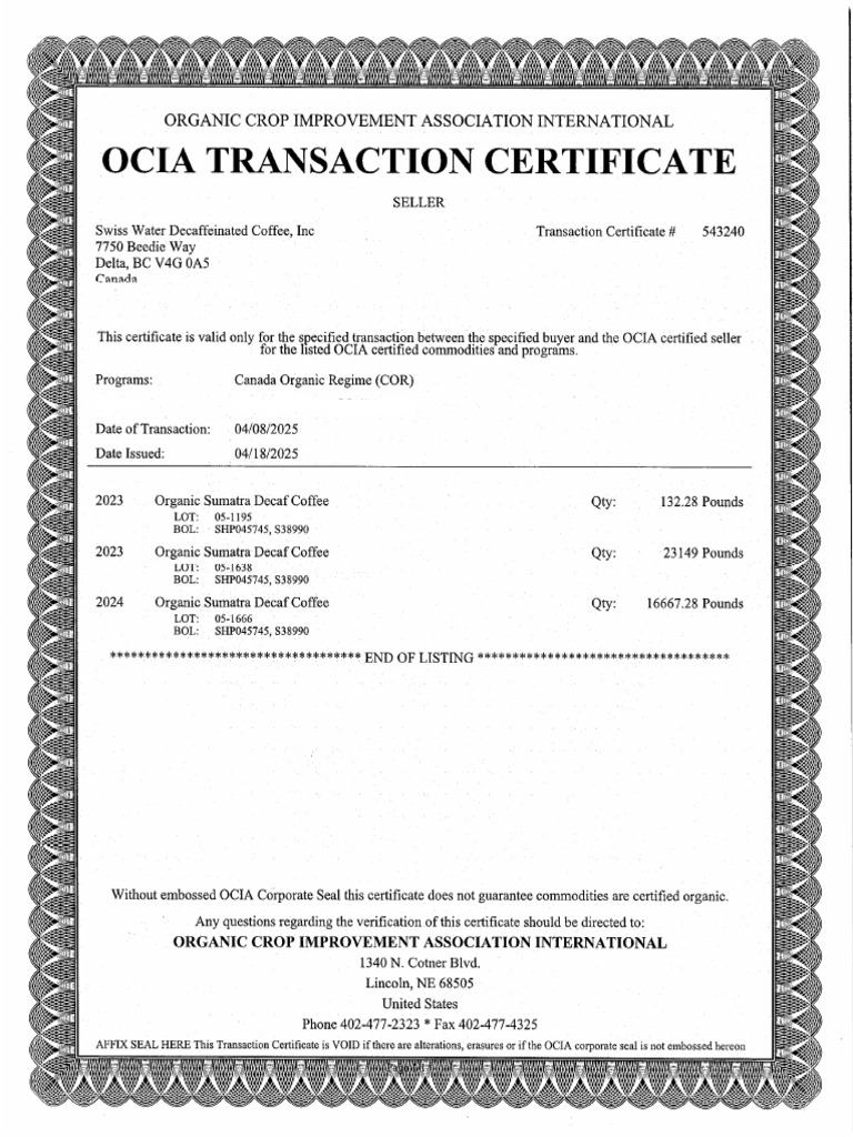 Organic Transaction Certificate For Sumatran Decaf Coffee | PDF