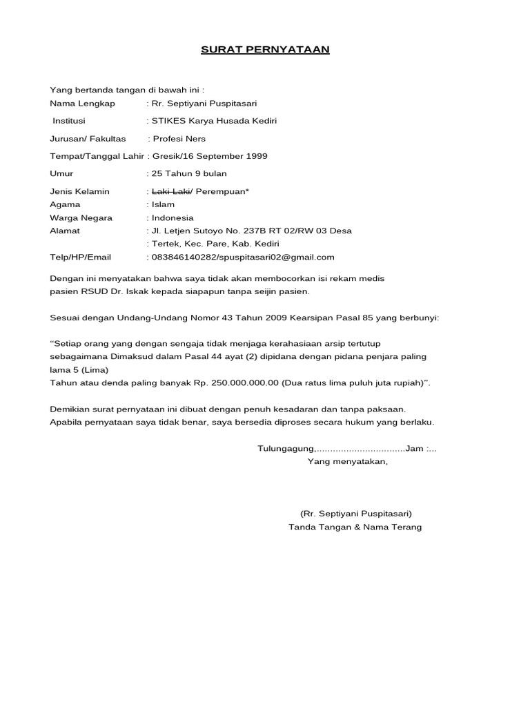 Surat Pernyataan & Janji - RSTA Roro | PDF
