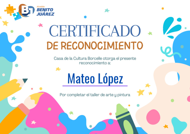 Certificado de Reconocimiento Taller de Arte y Pintura Infantil Azul y ...