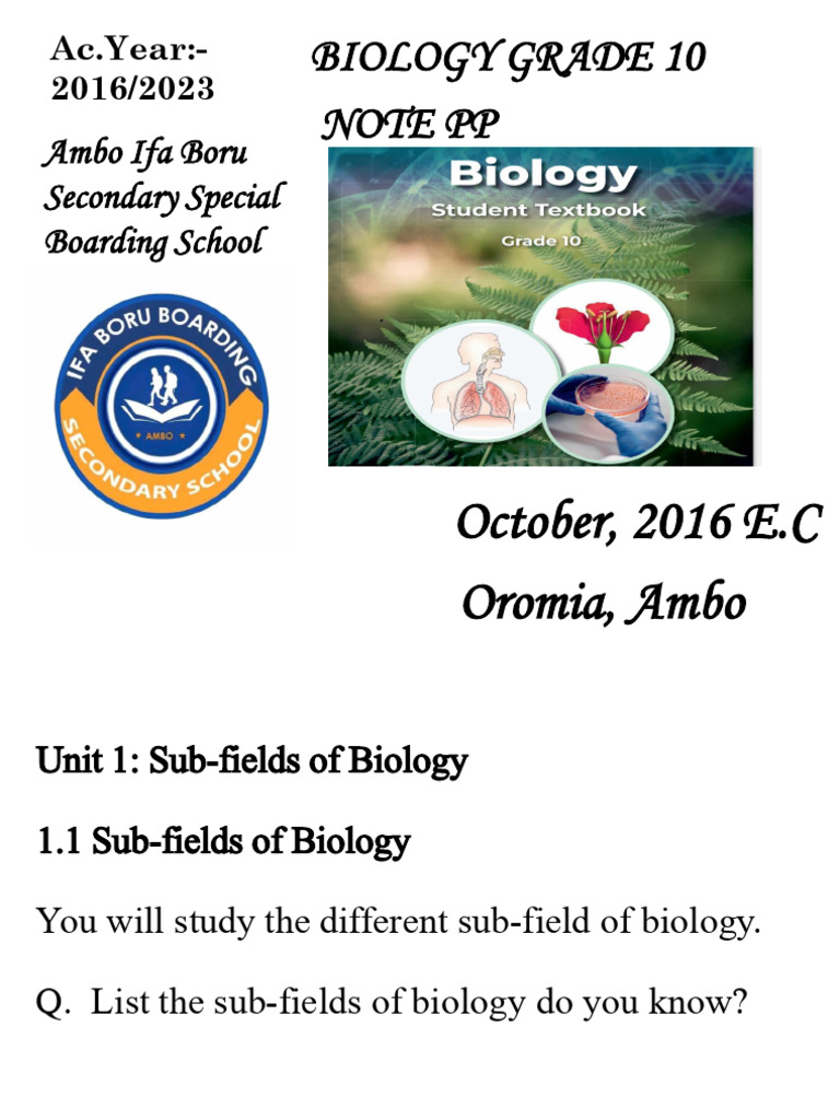 Biology Grade 10 PP Note 2016 Unit 1 - 2 | PDF | Seed | Flowers