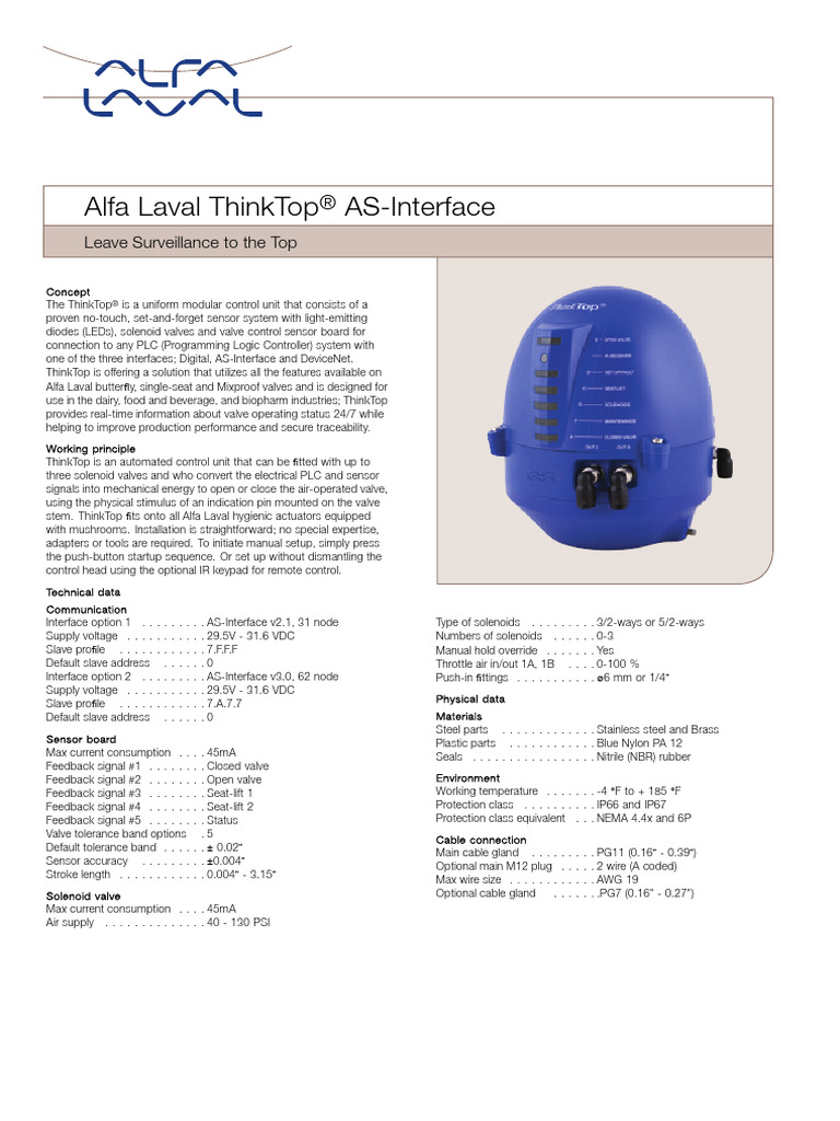 Alfa Laval Thinktop As Interface Product Leaflet Us | PDF | Programmable Logic Controller | Valve