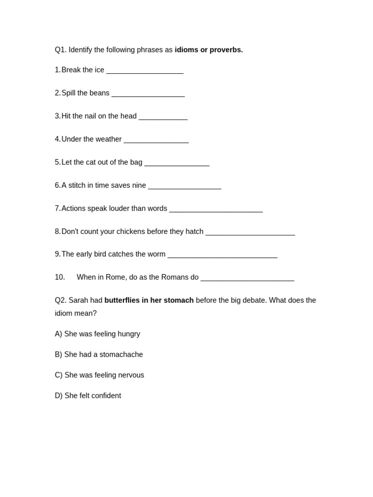 Idioms or Proverbs Practice Worksheet | PDF