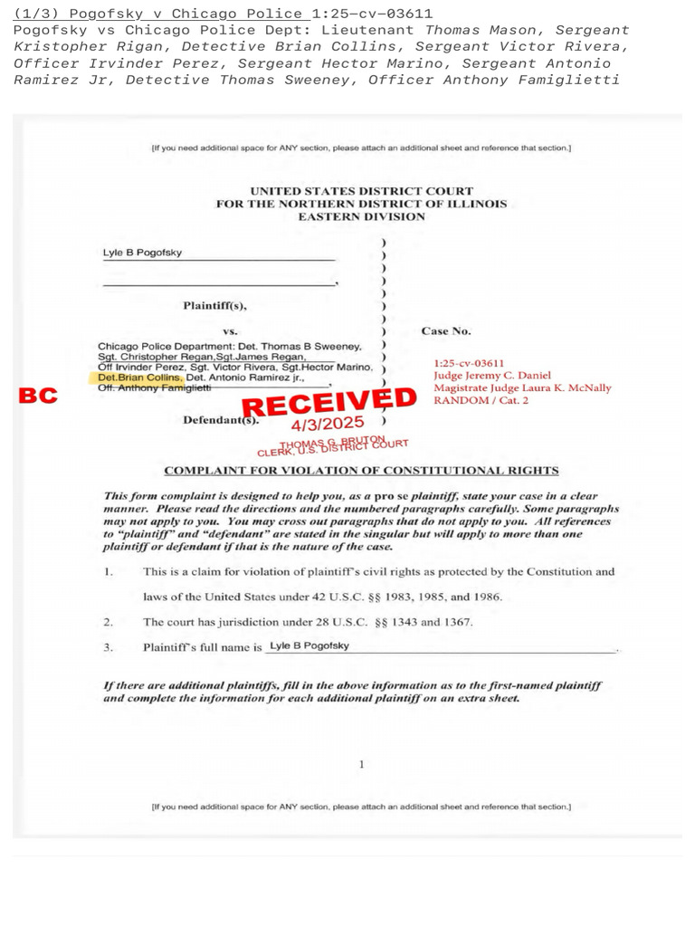 Pogofsky Vs Chicago Police Department 1:25-Cv-03611 | PDF | Police | Chicago Police Department