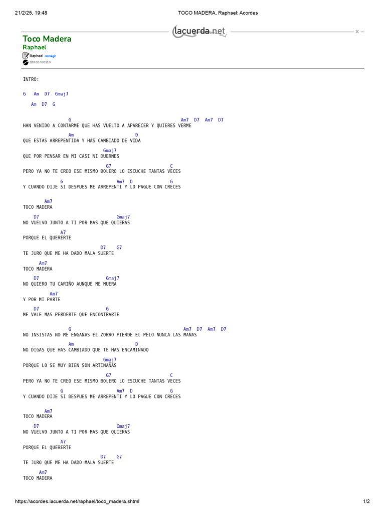 Toco Madera - Raphael: Letra y Acordes | PDF | Grabación de sonido