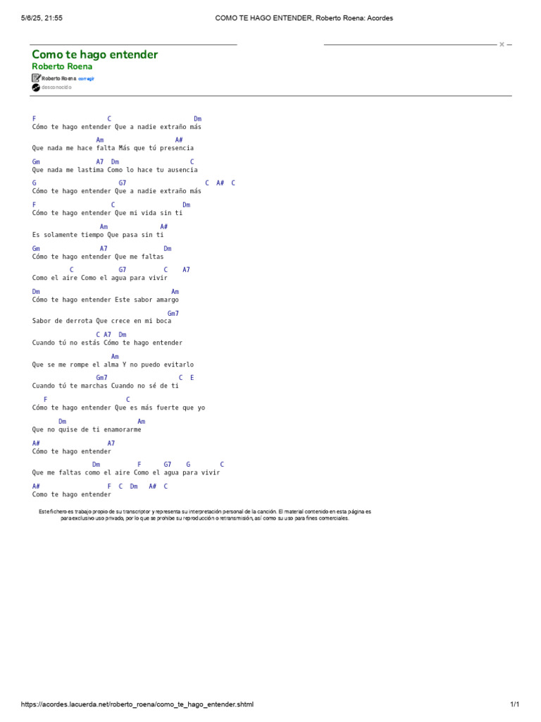 Como Te Hago Entender, Roberto Roena - Acordes Fa | PDF