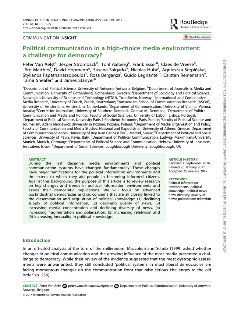 Political Communication in A High-Choicemedia Environment - A Challenge ...