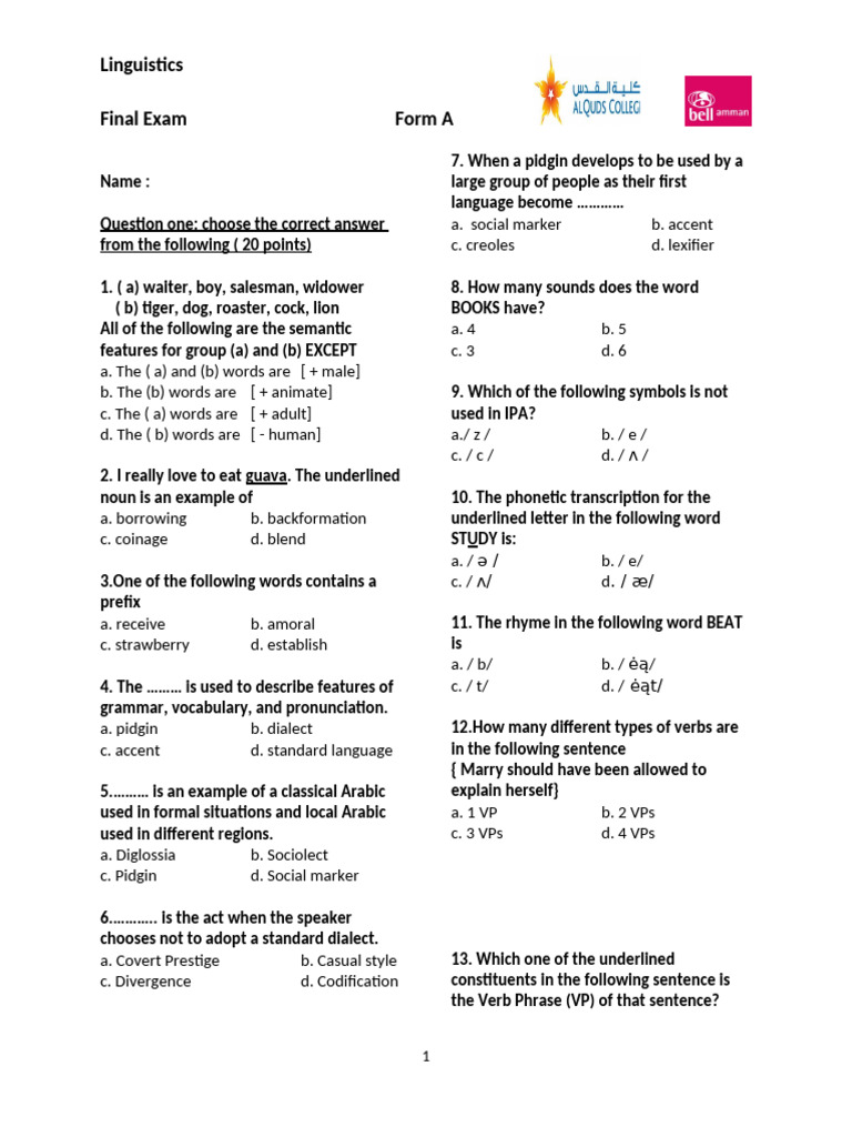 Linguistic Exam The Final Form A | PDF | English Language | Arabic