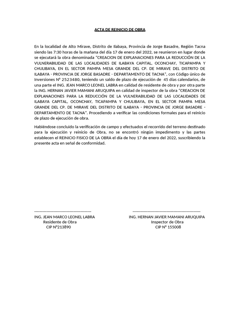Acta de Reinicio de Obra 2022 | PDF