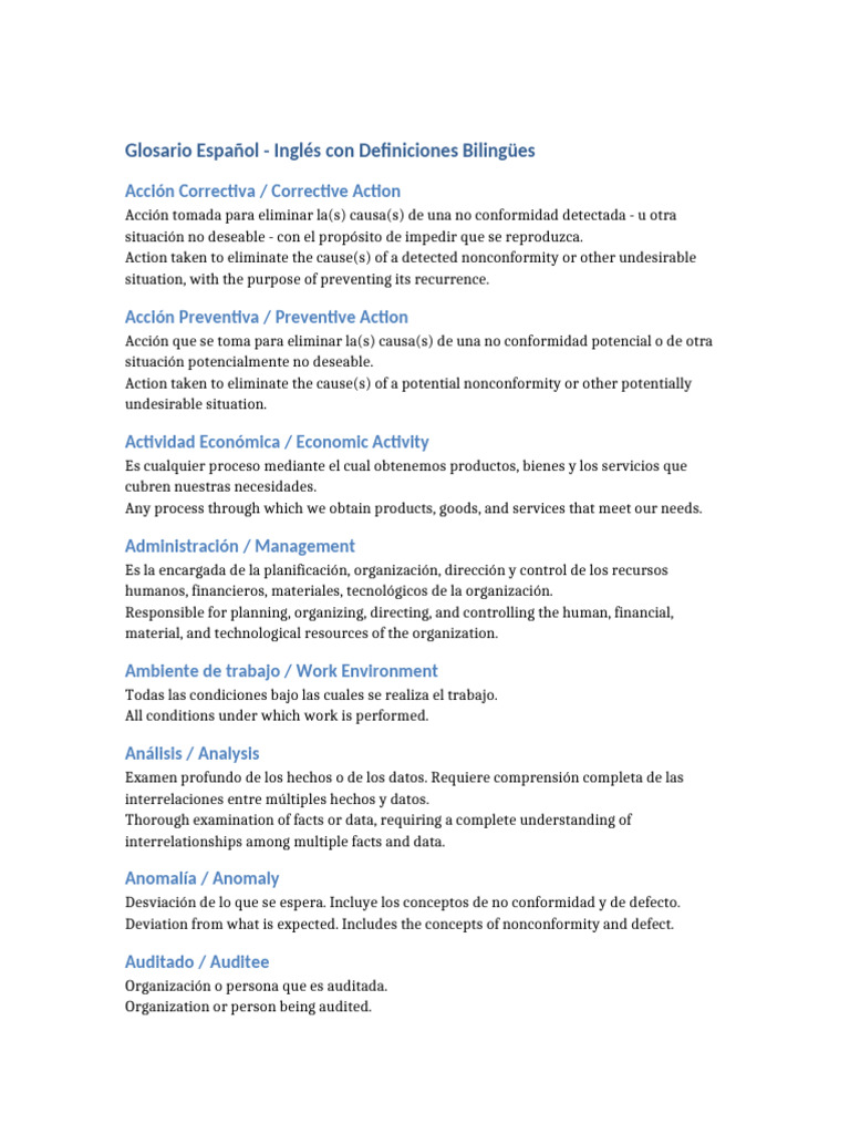Glosario Espanol Ingles Definiciones Bilingue | PDF