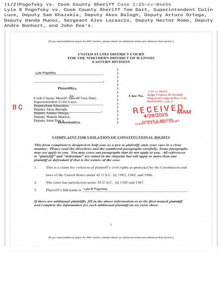 Pogofsky vs. Cook County Sheriff Case 1:25-Cv-04654 | PDF | Police ...