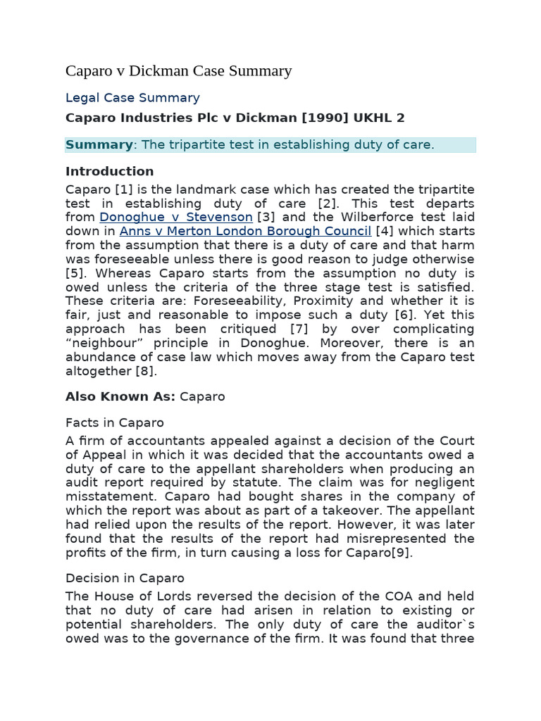 Caparo v Dickman Case Overview | PDF | Common Law | Private Law