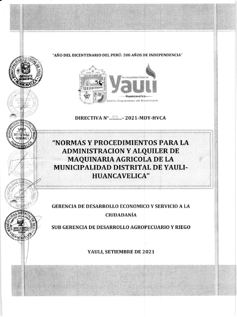 DIRECTIVA N°009-2021-MDY-NORMA Y PROCEDIMIENTOS PARA LA ADMINISTRACION Y ALQUILER DE MAQUINARIA ...