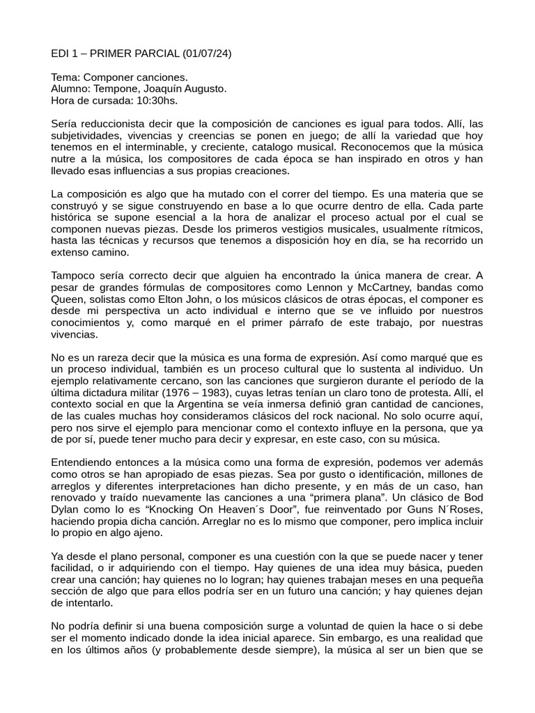 Tempone, Joaquín Augusto - EDI 1 Segundo Parcial | PDF | Canciones ...