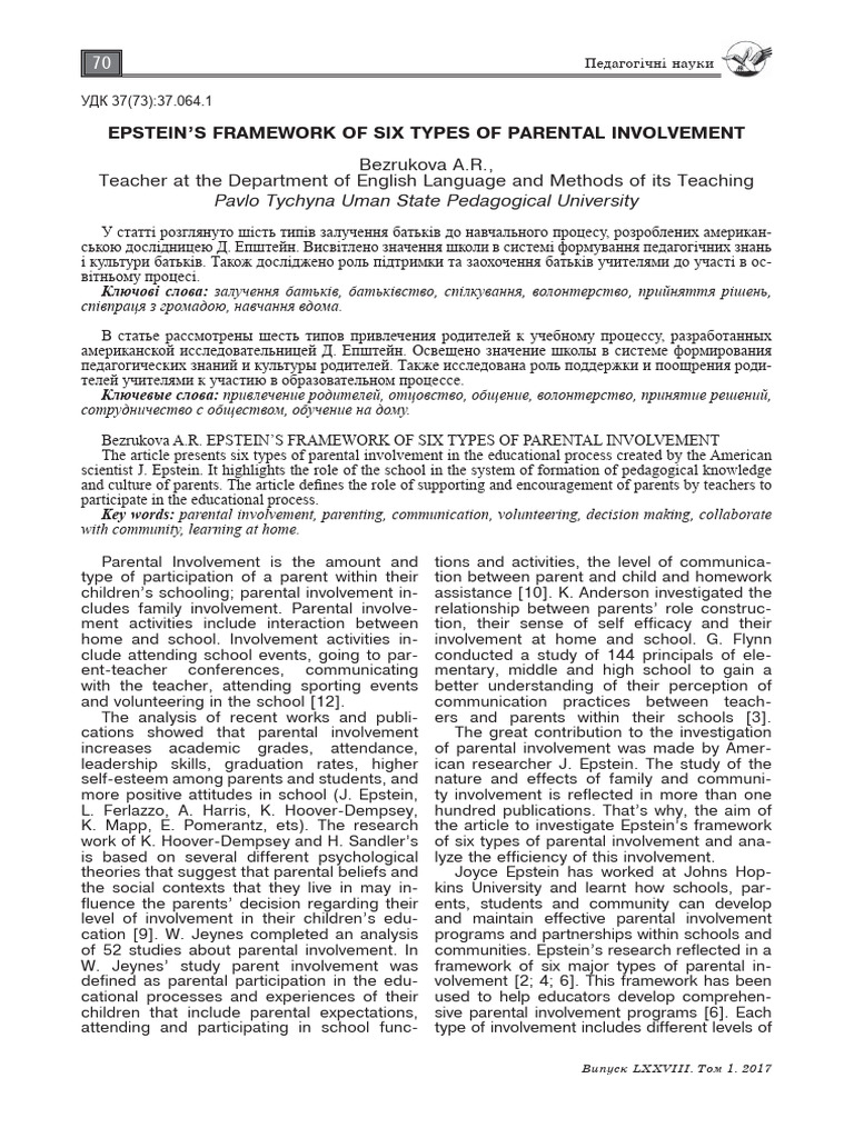 Epstein's Framework of Six Types of Parental Involvement | PDF ...