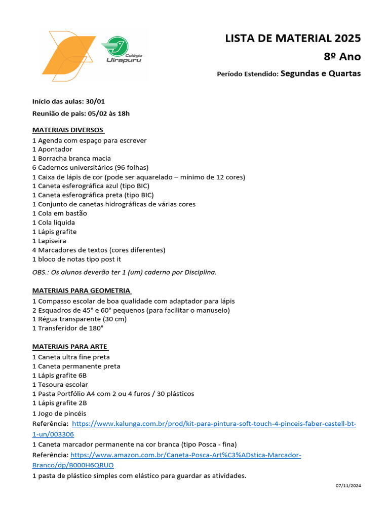 Material Escolar 8º Ano 2025 | PDF | Caneta | Lápis