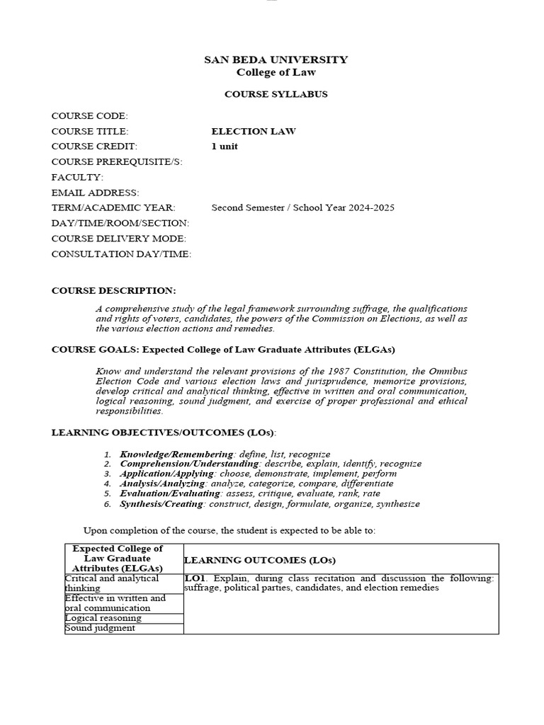 Final 2024-25 Election Law Syllabus (Jan 2025) | PDF | Elections ...