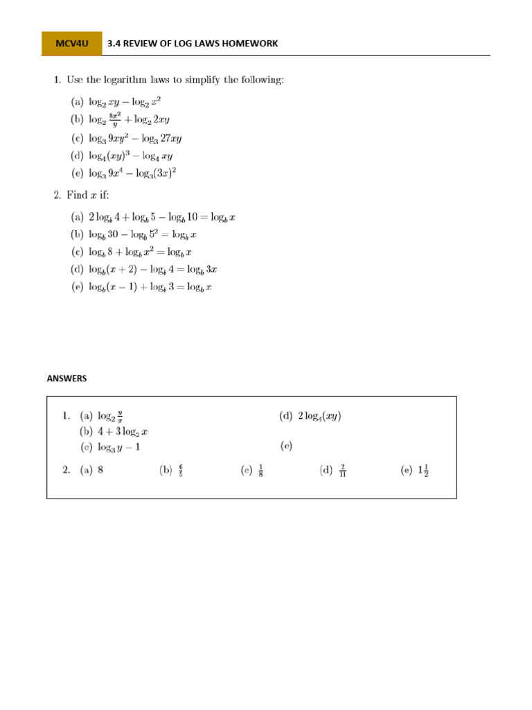 3.04 - Review of Log Laws HW | PDF