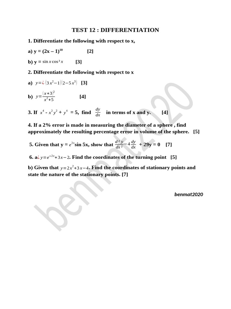 Test 12 Differentiation | PDF