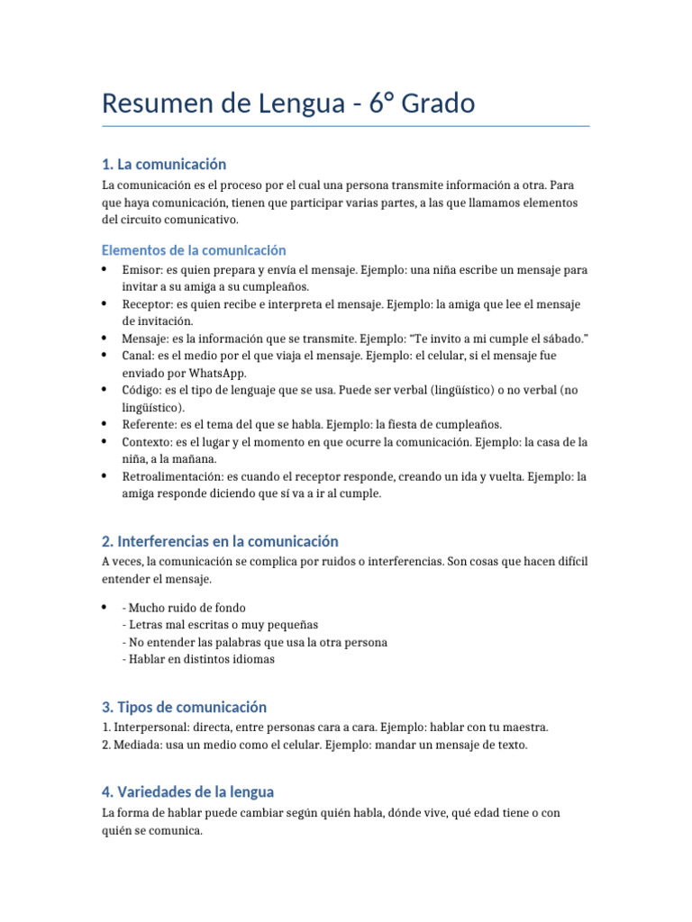 Resumen Lengua 6to Grado | PDF | Comunicación | Comunicación humana
